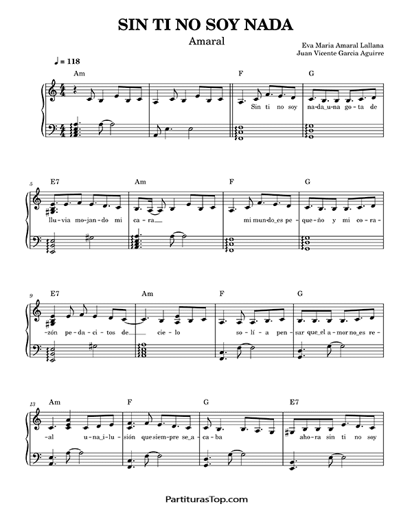 Sin Ti No Soy Nada Partitura Amaral | ♪ Partituras Top
